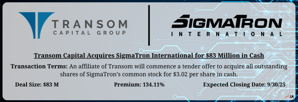 Transom Capital Acquires SigmaTron International for $83 Million in ...